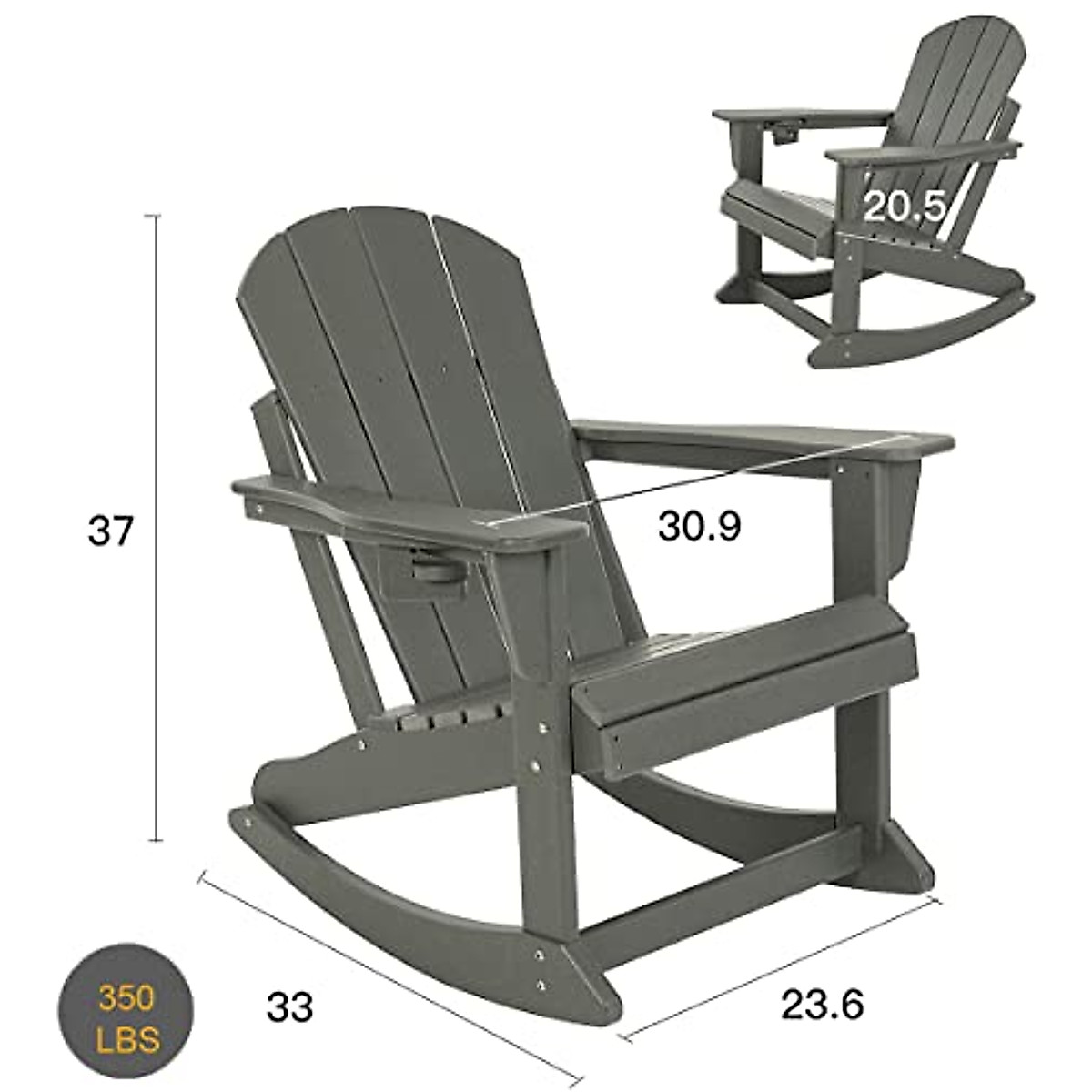 Adirondack Rocking Chair Outdoor Patio Rocker Adirondack Chairs HDPE Plastic Weather Resistant Lawn Chair for Porch Balcony Garden Beach Backyard Grey