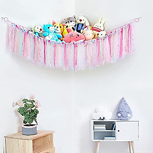 Pink Stuffed Animal Net Hammock, Toy Hammock Hanging Stuffed for Animal Storage with Tassels for for Flat Wall,Nursery Play Room, Kids Girl Bedroom Decor
