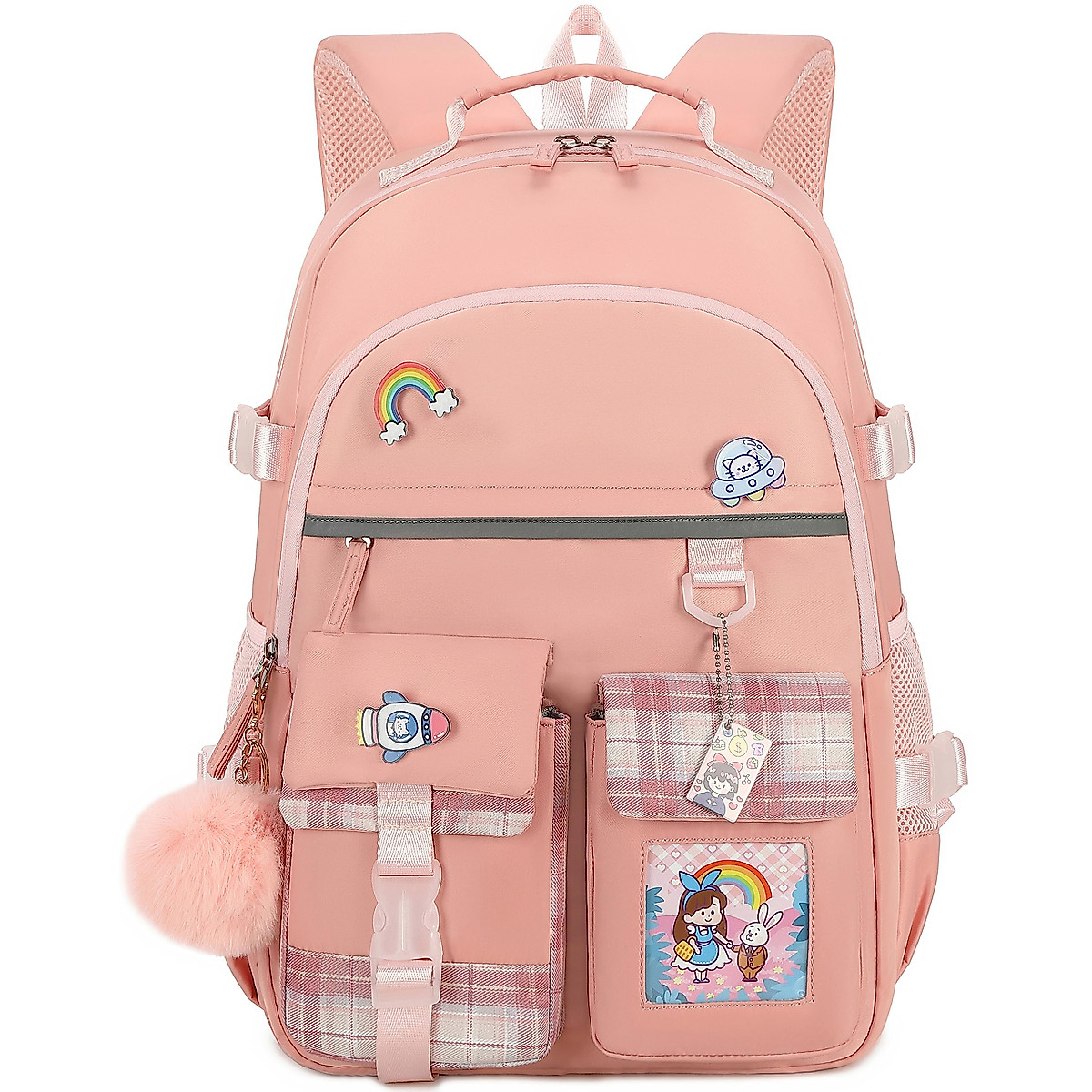 Hey Yoo Cute School Backpack for Girls Backpack for School Bag Kids Backpacks for Girls Kawaii Bookbag for Teen Girls (Pink)