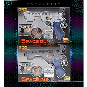 Mozlly Revolver Space Handgun Toy Set of 2 - Flashing LED Laser Guns for Kids with Sounds Effects, Realistic Blaster Gun Toy for Party Favors & Costume Dress Up Accessory Prop Pretend Play - 2 Pack