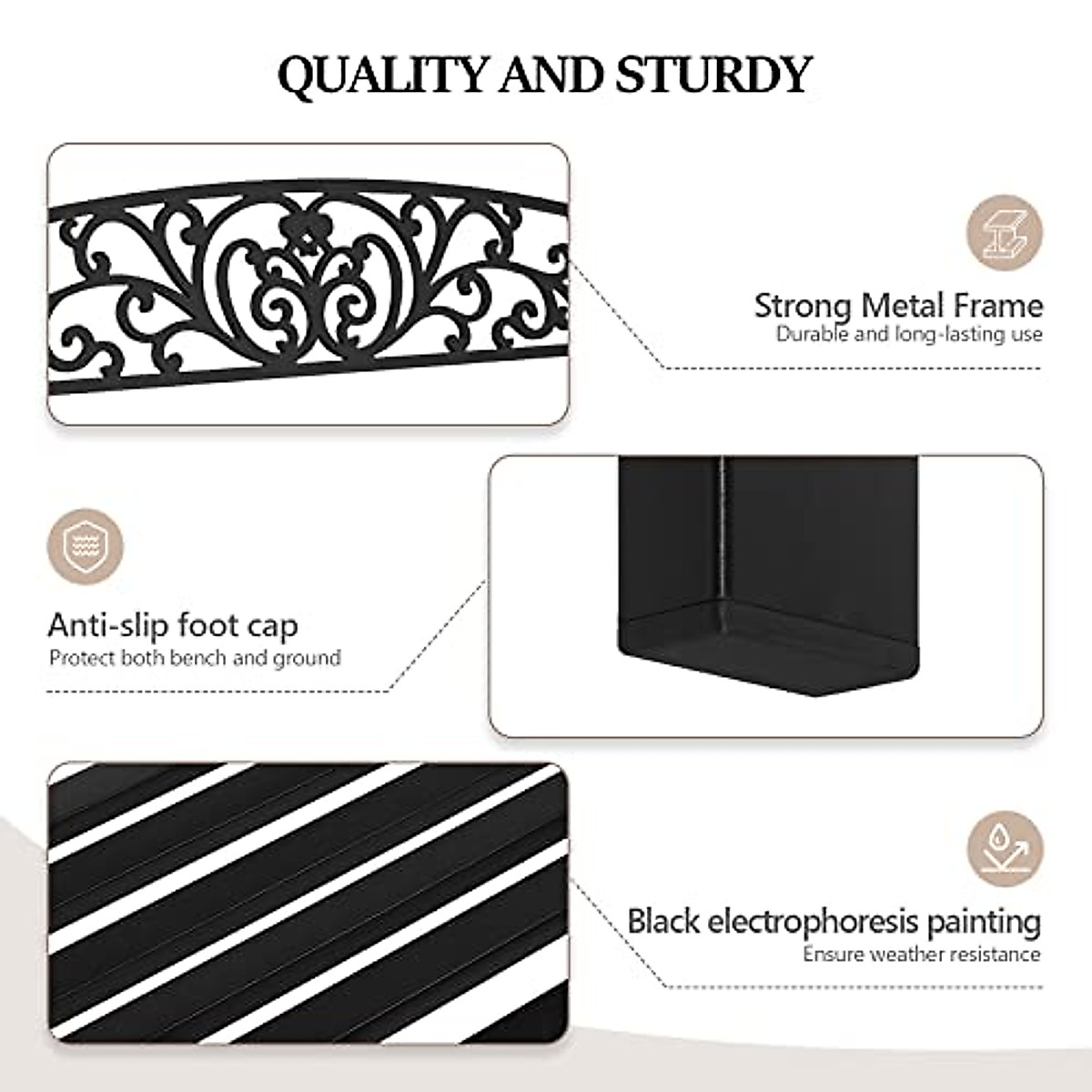 VINGLI 50" Patio Park Garden Bench Outdoor Metal Benches,Cast Iron Steel Frame Chair Front Porch Path Yard Lawn Decor Deck Furniture for 2-3 Person Seat