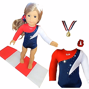 2024 American Doll Girl USA Gymnastics Doll Clothes Set with Leotard, Mat, Olympic Medal and Hair Accessory. 4 PCS in All! Doll Not Included