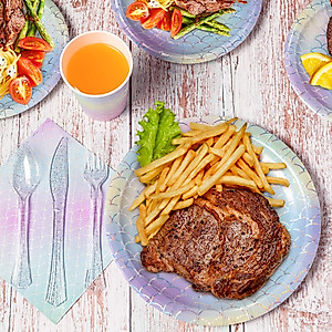 Tiblue Mermaid Party Supplies - 350PCS Disposable Dinnerware with Mermaid Paper Plates Napkin Cups Gold Plastic Fork Knives Spoon for Girls Birthday Baby Shower Ocean Theme Summer Graduation Party