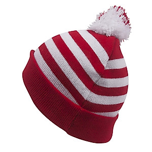 TOP HEADWEAR Striped Long Beanie w/Pom Red White Hat