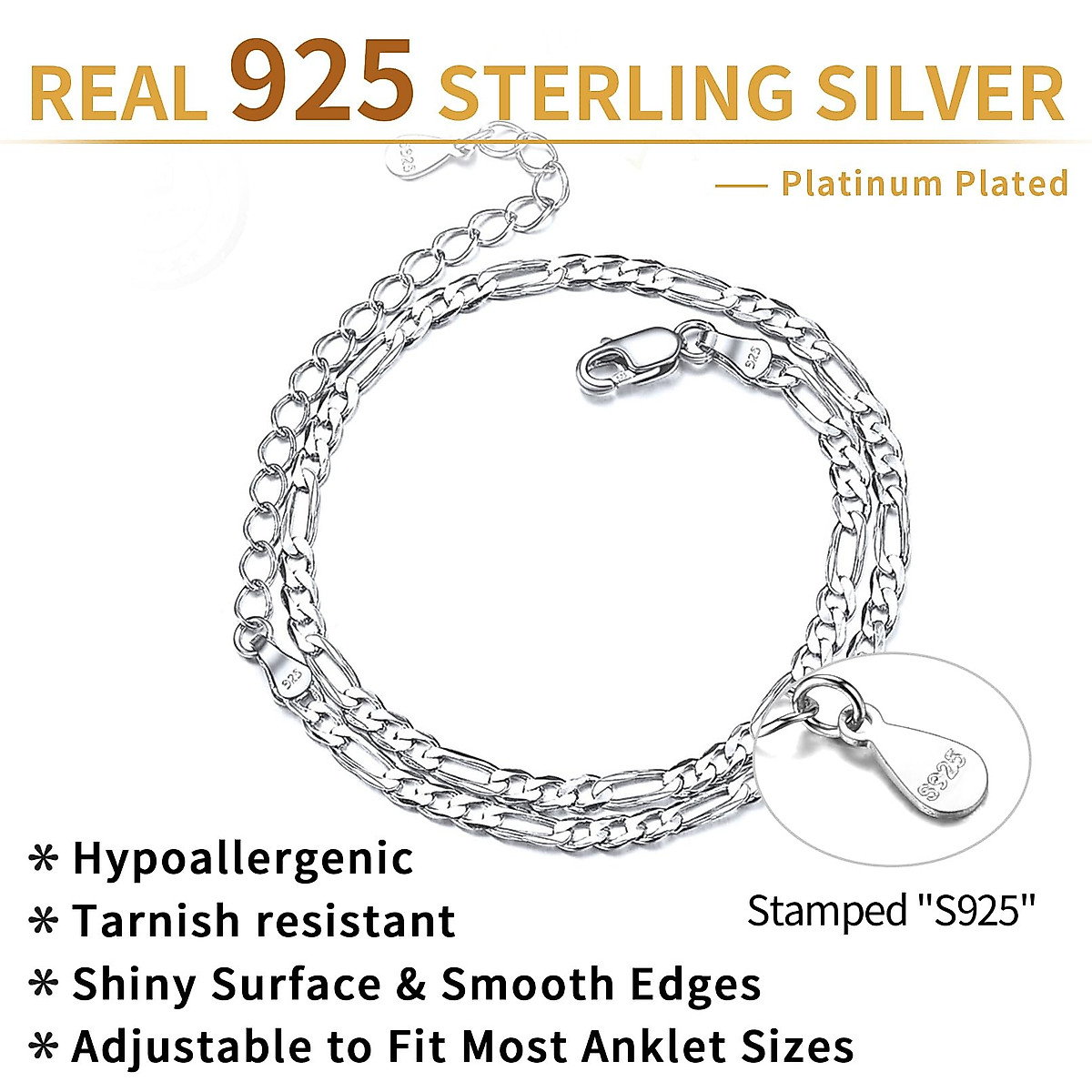 ChicSilver 2.8mm Figaro Chain Anklet 925 Sterling Silver Ankle Bracelets for Women Simple Dainty Waterproof Anklet Womens Anklets Jewelry for Beach Gifts for Mom