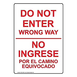 ComplianceSigns.com Do Not Enter Wrong Way English + Spanish Sign, 10x7 in. Plastic for Wayfinding Enter/Exit Restricted Access Hazmat