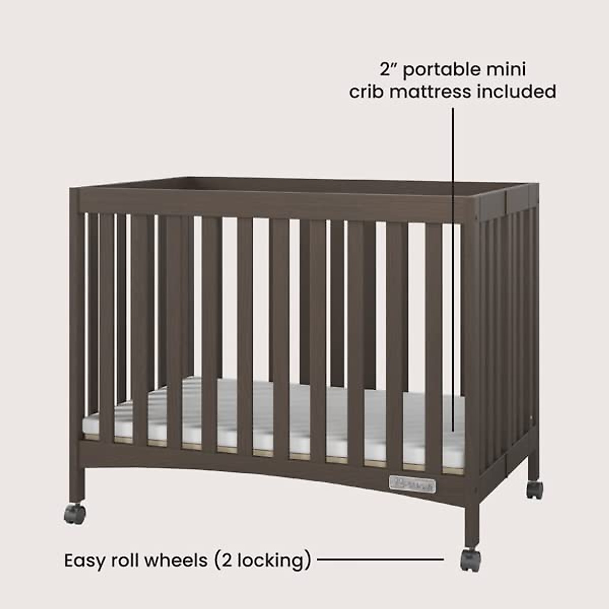 Child Craft London Mini Compact Folding Portable Crib with 2” Crib Mattress and 2 Easy Roll Locking Wheels, Durable Pine Wood Construction (Dapper Gray)