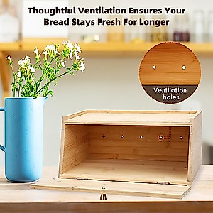 Upgraded Bamboo Bread Box, No Assembly Required Bread Box for Kitchen Counter, All In One Piece Bread Storage with Air Vents, Large Capacity Bread Storage Container, Bread Storage Organizer Holder