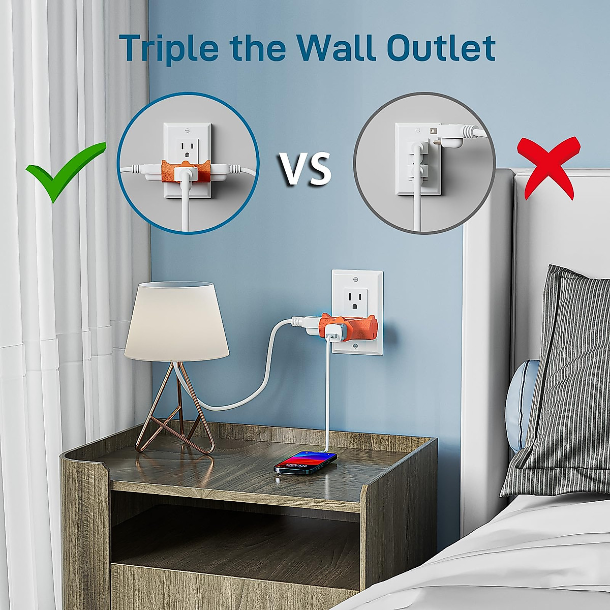 3-Outlet Grounding Adapter, Kasonic [UL Listed] Plug Extender, Heavy-Duty Grounded Power Tap - 3 Pack (Orange)