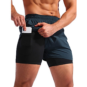 Pudolla Men’s 2 in 1 Running Shorts 5" Quick Dry Gym Athletic Workout Shorts for Men with Phone Pockets(Navy Blue Small)