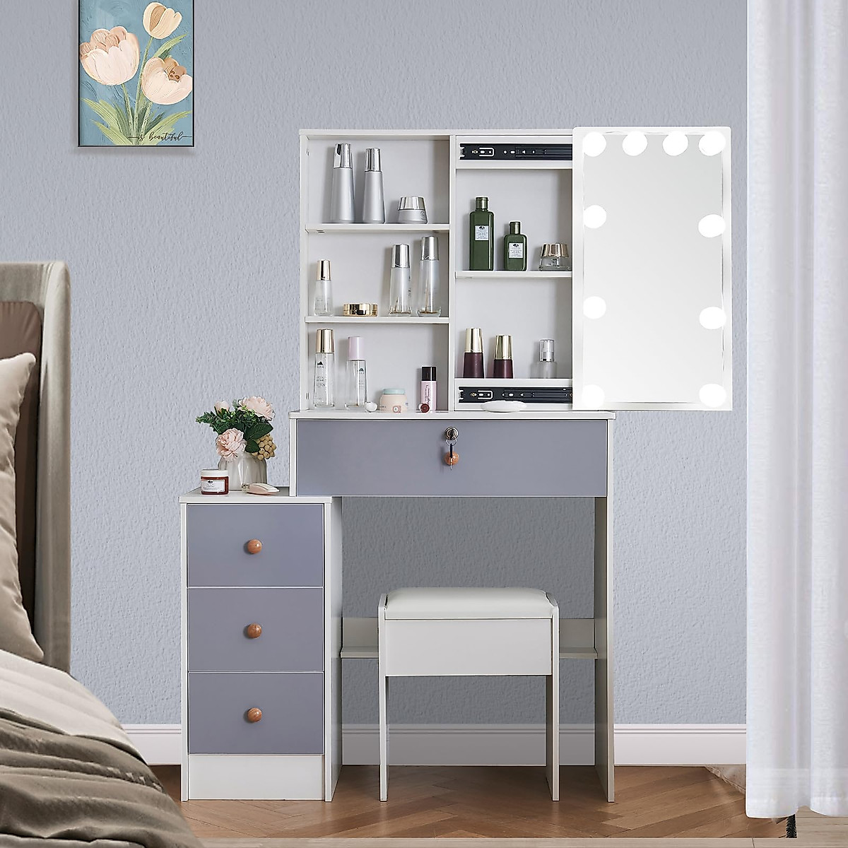Logimiz Vanity Desk with Mirror and Lights, Makeup Vanity Table with 3 Color and Brightness Adjustable, Girls Makeup Vanity with Stool and Drawers for Bedroom