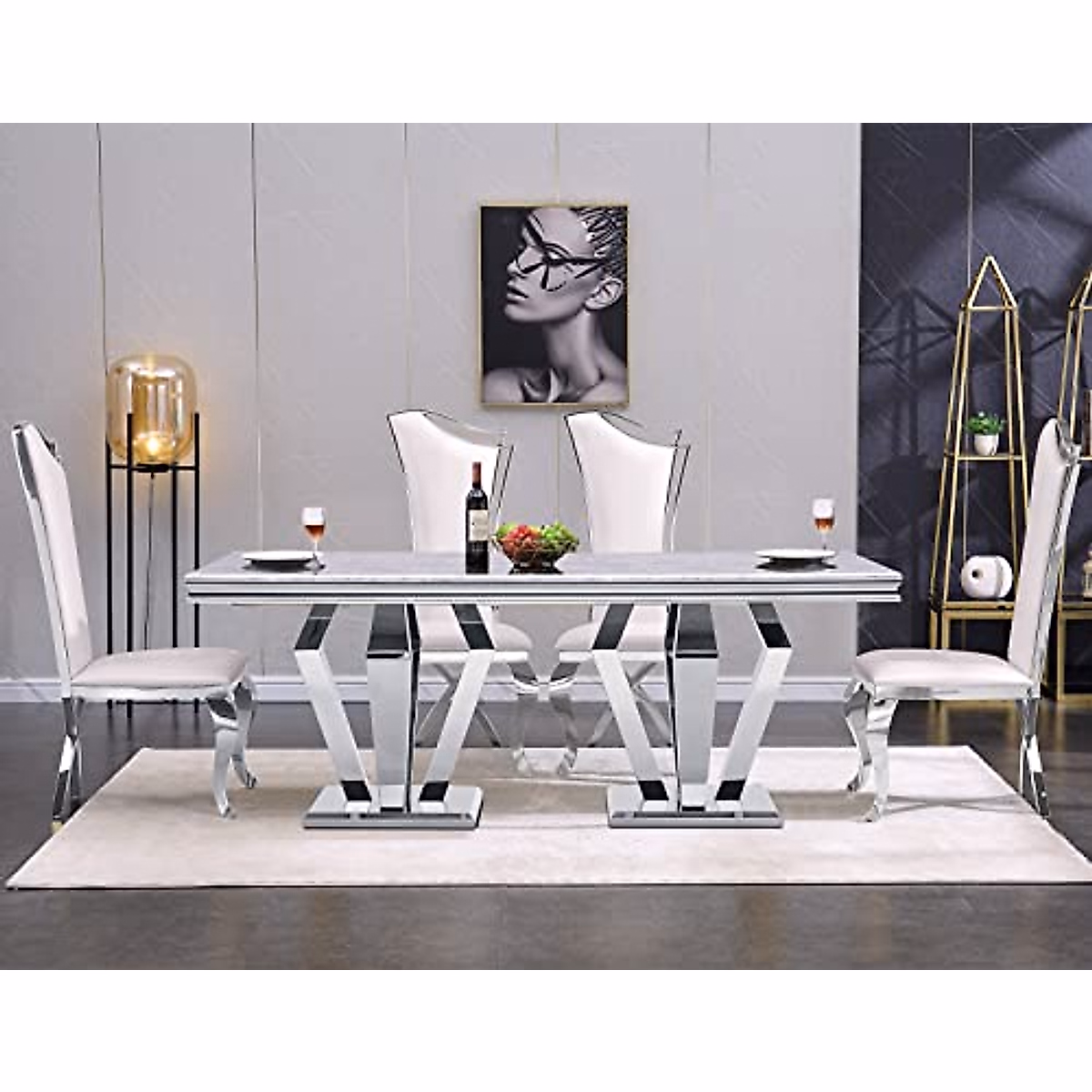 ACEDÉCOR Dining Chairs, White Leather Upholstered Dining Chairs Set of 4, Modern Gorgeous Streamlined High Back Chair with Silver Mirror Curved and X-Shaped Metal Legs