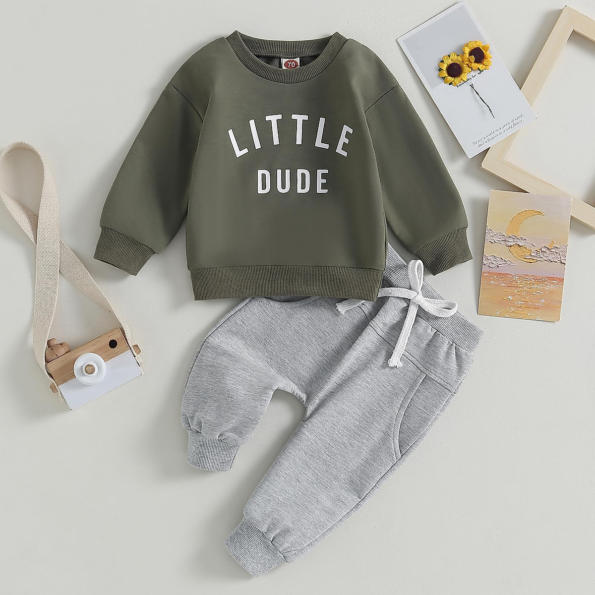 Baby Toddler Boys Fall Winter Outfits Little Dude Letter Printed Long Sleeve Sweatshirts Pants 2Pcs Clothes Set (Army Green, 6-12 Months)