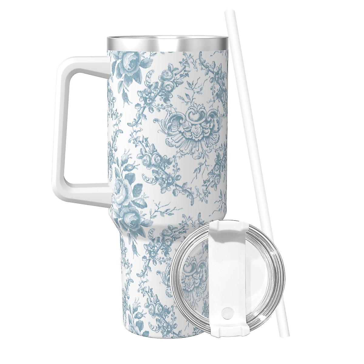 Elegant Engraved Blue And White Floral Toile 40 Oz Tumbler With Handle & Leak-Proof Lid – Car Cup Holder Friendly Hot/Cold Vacuum Insulated Stainless Steel Travel Mug Large Coffee Water Bottle For Car