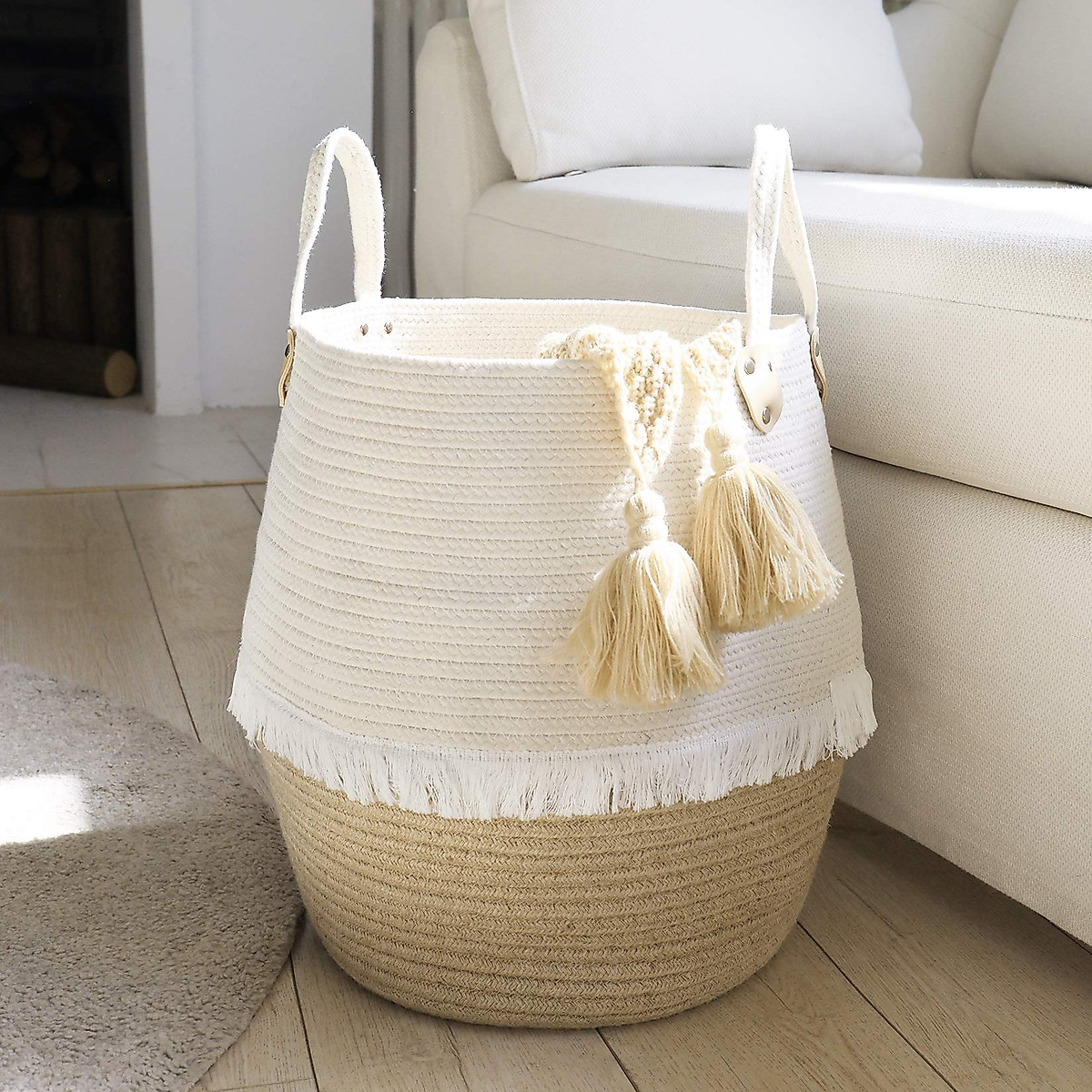 LA JOLIE MUSE Woven Blanket Basket Living Room, Decorative Nursery Laundry Hamper for Clothing Plant Toys Storage, Large Cotton Rope Basket with Jute, 16”15”12”,Off White & Jute