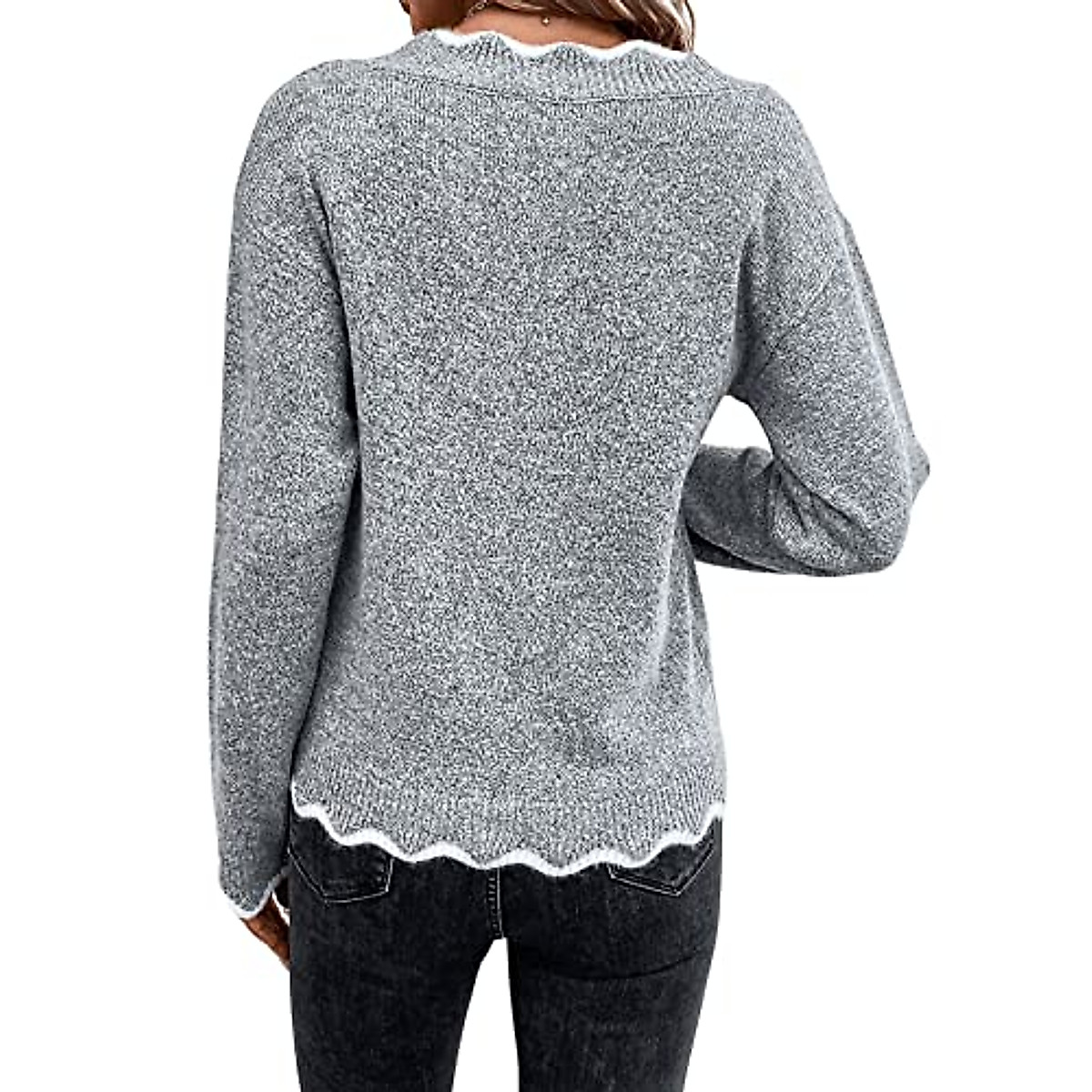 SweatyRocks Women's Long Sleeve V Neck Ribbed Knit Top Scallop Trim Drop Shoulder Pullover Sweater Light Grey M