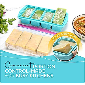 Large Ice Cube Freezing Tray - Soup Freezing Tray with Airtight Transparent Lid - 4Individual Compartments With Portion Scales - Storage For Broth, Sauces & Liquid Meal Prep - Oven & Dishwasher-Safe