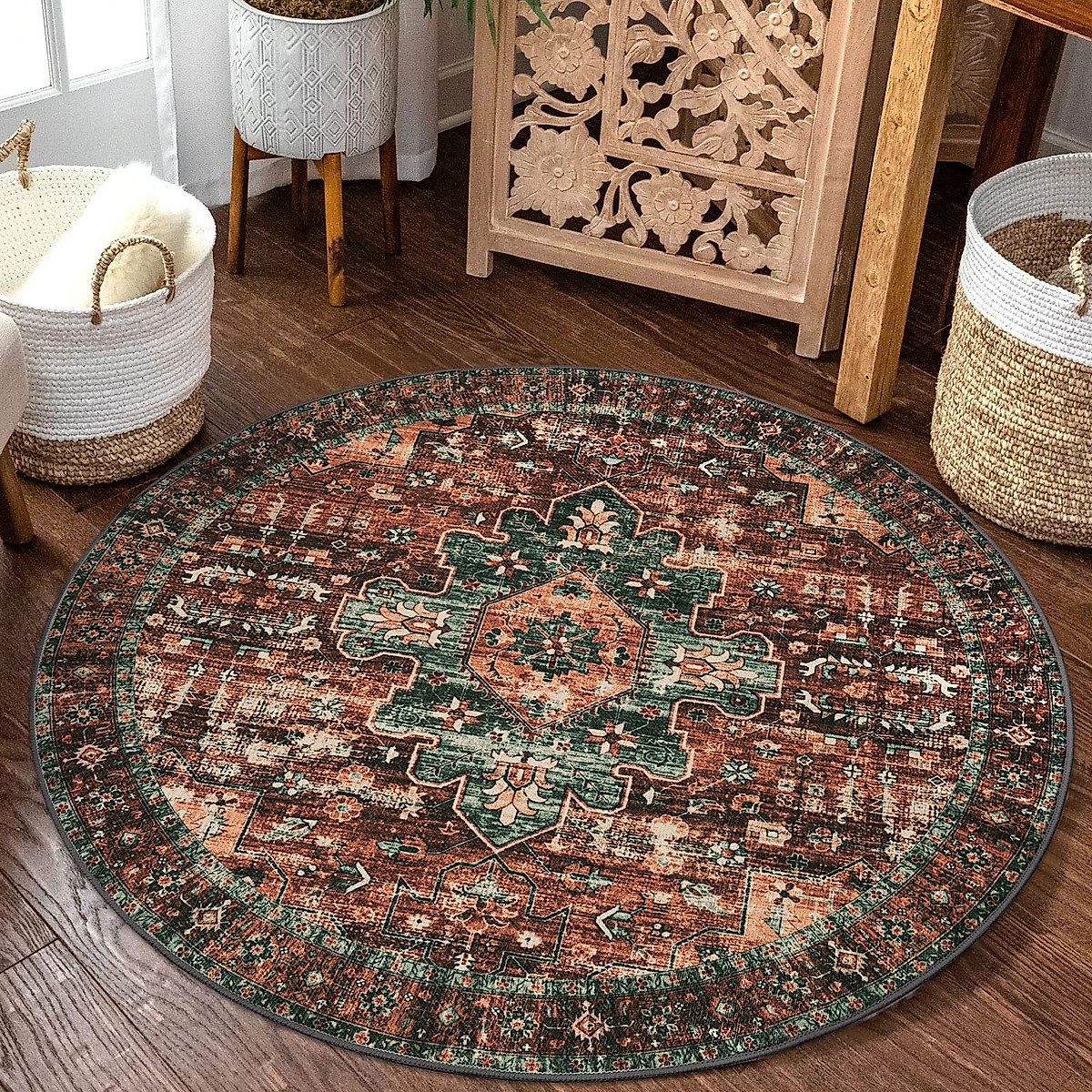 Moynesa Ultra-Thin Washable Round Rug - 3Ft Brown Entryway Rug Low Pile Bathroom Circle Mat, Non Slip Non Shedding Indoor Kitchen Floor Accent Carpet for Bedroom Living Room Foyer Doorway
