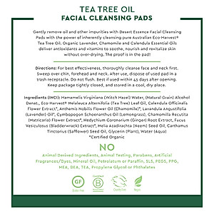 Desert Essence Tea Tree Oil Facial Cleansing Pads - Makeup Remover, Facial Cleanser & Toner with Organic Lavender & Chamomile - Travel-Friendly Personal Wipes for Clarifying Skin Care - 50 Pads