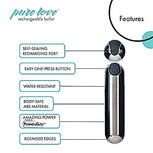 pure love Vibrator Bullet, Rechargeable, Waterproof, Adult Sex Toy, Smoky Silver, 3"