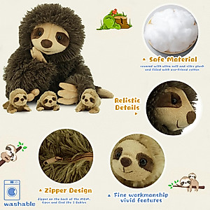 YOHAKI Sloth Plush Animal, 11.02" Cute Stuffed Sloth with 3 Baby Sloths, Easter Stuffed Sloth Animal, Washable Plush Toys, Cute Three Toed Sloth Birthday Gifts for Kids Boys and Girls, Brown
