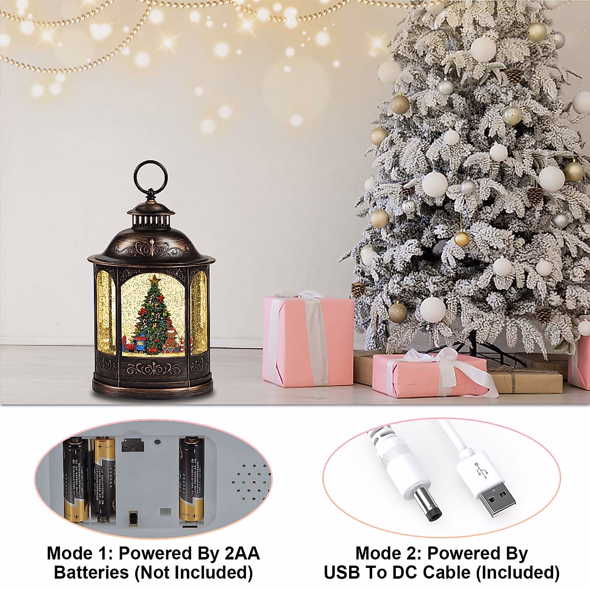 Ponsonbay Christmas Musical Snow Globe Lantern Lighted Snow Globe Lantern with 6H Timer USB Powered & Battery Operated Spinning Water & Swirling Glitter 8 Songs (L-Christmas Tree-Black)