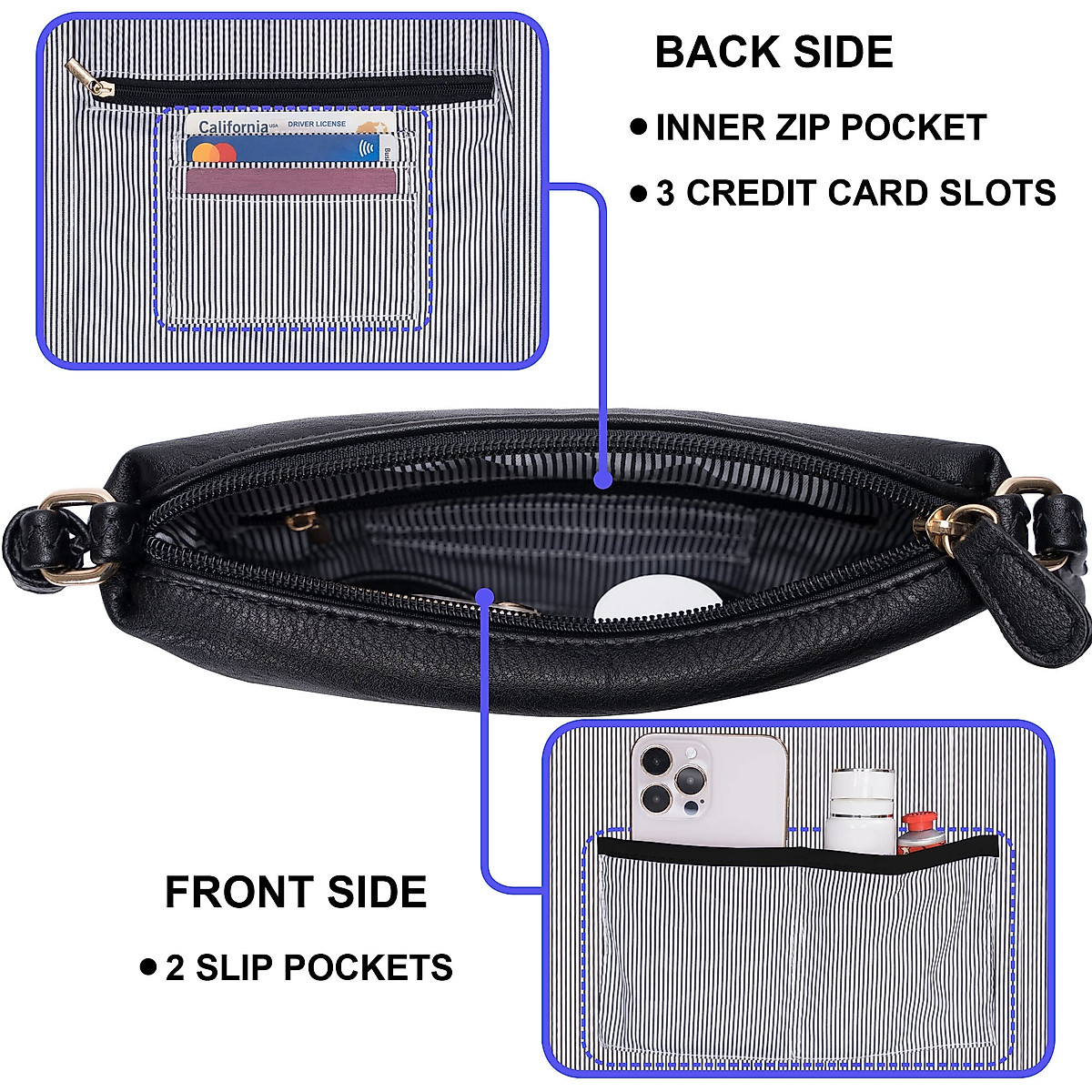 Solene Crossbody Bag Functional Multi Pocket Double Zipper Purse with Adjustable Strap-WU085(Black)