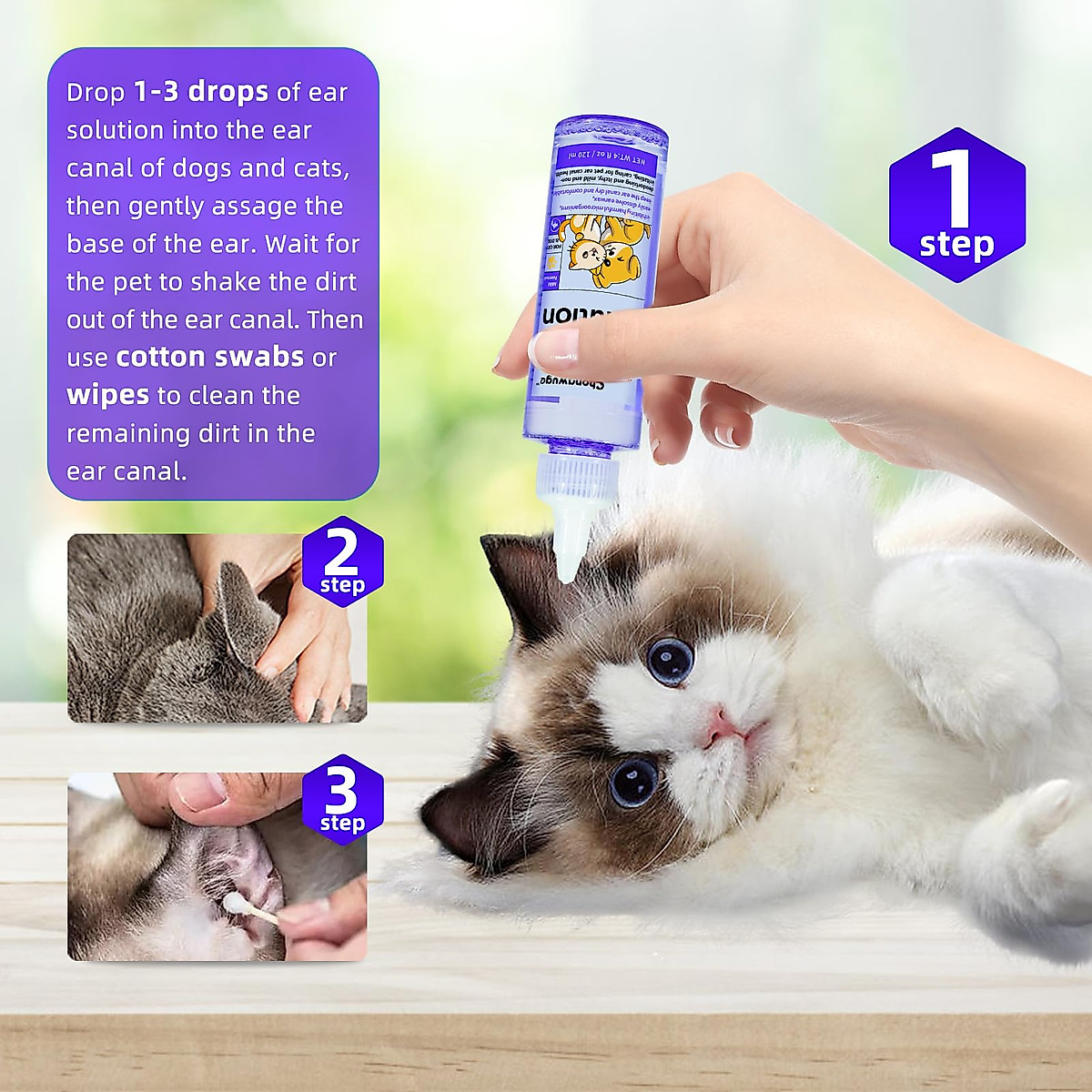 Chongwuge Pets Ear Cleaner for Dogs & Cats, Alleviate Infections, Deodorizing and Itchy, Clean Wax, Mild and Non-irritating, Care for Pet, with 20 Cotton Swabs, 4 fl oz