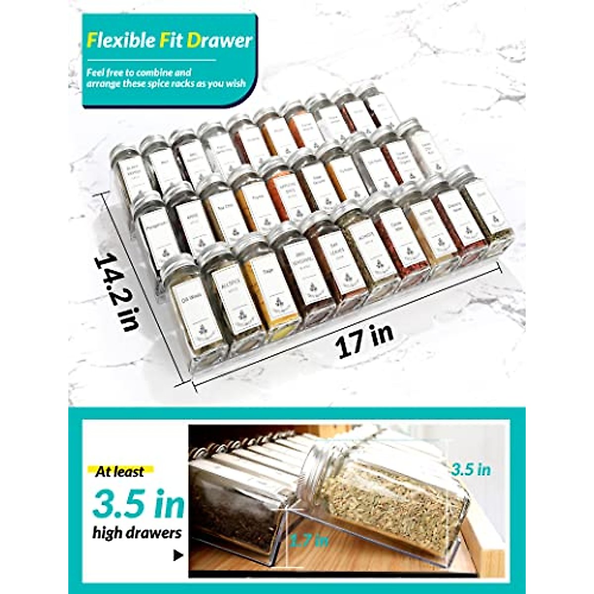 LaVie Home Expandable Spice Tray for 9" to 17" Wide Drawer, 6pcs Combinable Clear Racks (3 or 6 Tiers), Up to Store 30 Seasoning Jars, for Small/ Narrow Cabinet Drawer