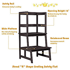 Costzon Kids Kitchen Step Stool with Safety Rail, Toddler Kitchen Stool w/Solid Bamboo Construction, Child Stand Helper for Kitchen Bathroom Living Room, Perfect for Toddler from 18-36 Months (Brown)