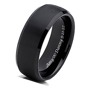 Personalized Black Brushed Men's Tungsten, Custom Engraved Ring, Black Wedding Band, Fiancé Engagement Ring, 8mm Men's Ring- Made in USA