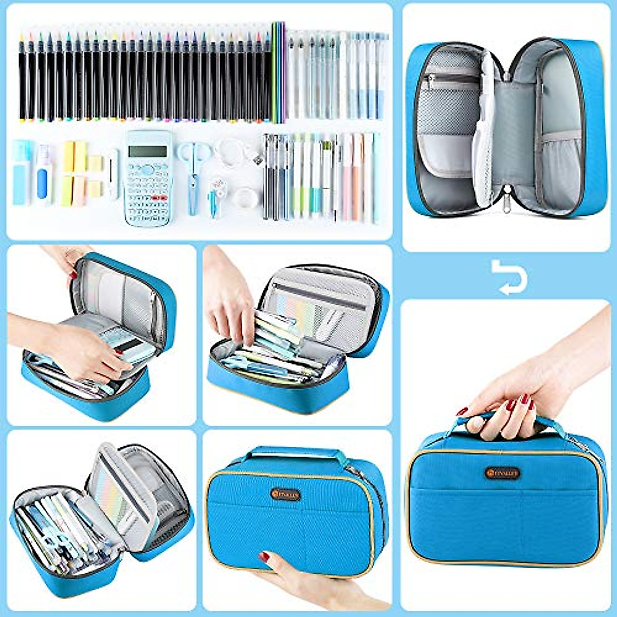 TTVALLEY Portable Pencil Case Large Capacity Pencil Pouch Pen Bag for Girl Boy Men Women (Blue)