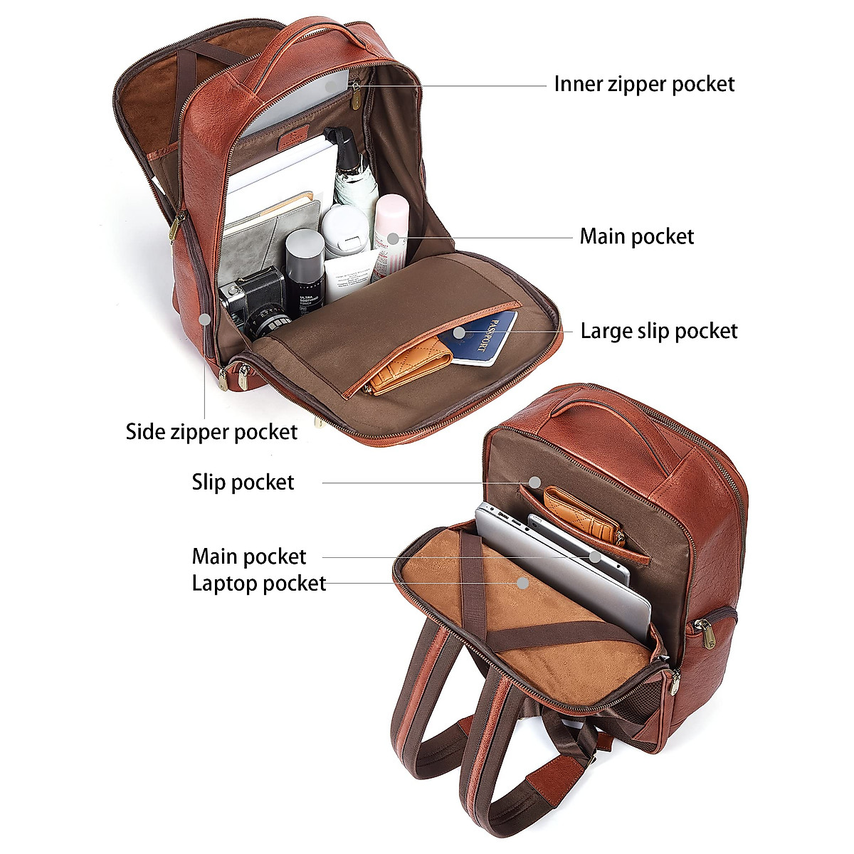 BOSTANTEN Leather Backpacks College 15.6” Laptop Travel Computer Shoulder Backpack For Men Coffeebrown