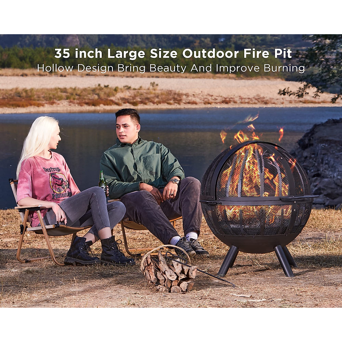 PaPaJet 35 inch Flaming Ball Fire Pit for Outside, Bonfire Wood Burning Fire Pit with Spark Screen, Tree Pattern for Patio Backyard Garden