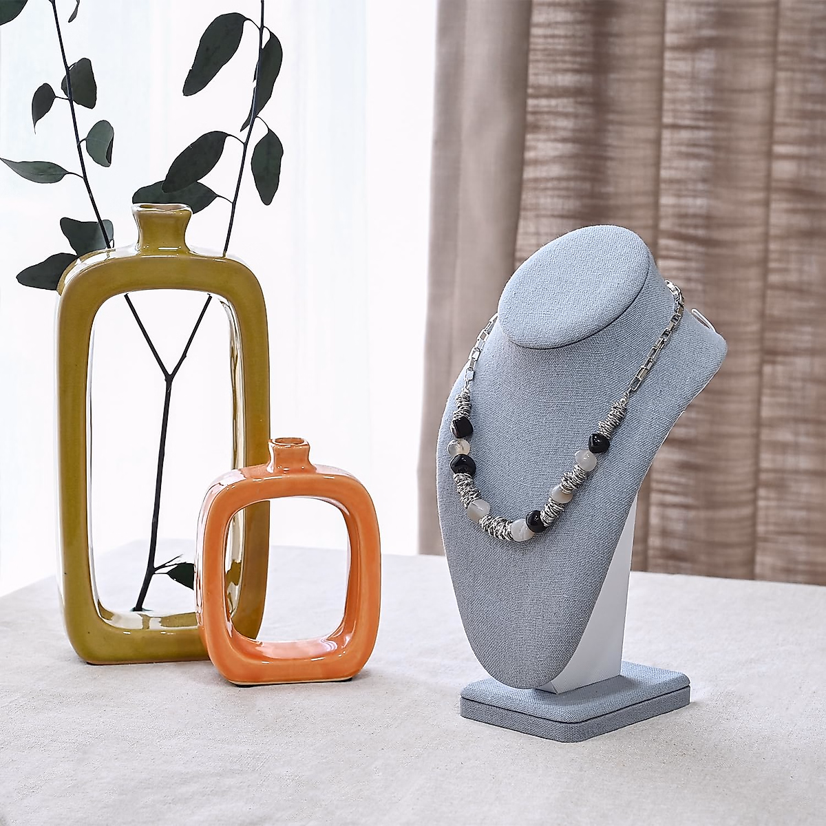 MOOCA 2 Pcs Linen Covered Wood Necklace Display Busts - Elegant Jewelry Chain Mannequins for Necklaces - 6 3/8 W x 4 1/4 D x 10 H in, Dim Grey