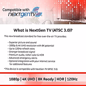 GE Amplified HD Digital TV Antenna, Long Range Smart TV Antenna, Easy Mount on Top of TV Design, Supports 4K 1080P HDTV VHF UHF, Indoor Amplified Signal Booster, 5ft Coax HDTV Cable/AC Adapter, 37075