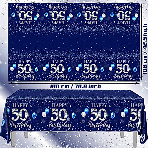 GREHUMOR 3Pcs 50th Birthday Tablecloth Decorations Sliver and Blue Table Cover Plastic 50th Happy Birthday Party Supplies for Men Women Disposable Waterproof Birthday Table Decorations…