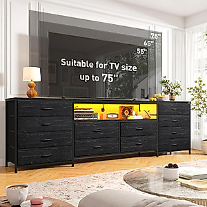 EnHomee 12 Drawer Dresser TV Stand for 65 70 75 Inch TV 63" W Extra Long Black Dresser for Bedroom with LED Lights & Power Outlets Entertainment Center with Drawers, Fabric Dresser for Closet