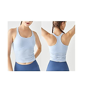 Women's Crop Yoga Racerback Tank Tops Built in Sports Bra Exercise Tops Workout Shirts Blue S