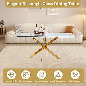 HAIZAO 63" Glass Dining Table for 4-6, Contemporary Rectangular Dining Room Table with Tempered Glass Top & Gold Finish Stainless Steel Legs, Modern Large Kitchen Table for Home Office