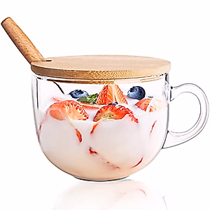 PARACITY Glass Cup 15OZ Clear Coffee Mug with Lids Spoon for Breakfast Tea,Milk,Beverage,Oats,yoghurt