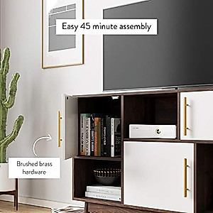 Nathan James Ellipse Multipurpose Storage Cabinet with Display Shelves and Doors, Entryway Modern Buffet or Kitchen Sideboard with Glam Gold Brass Accent, TV Stand, Walnut Brown