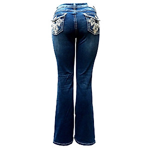 LA Idol Jack David Jack David U-Cute Rose 2 Rhinestone Studded Medium & Dark Wash Denim Bootcut Flap Pocket Jeans, Jack David 3699-bt Bootcut Blue