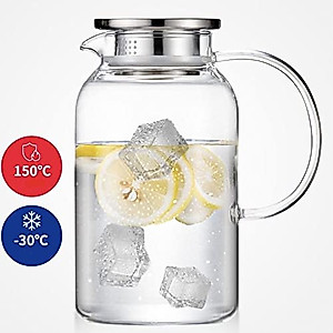 2.0 Liter 68oz Glass Pitcher with Lid, Easy Clean Heat Resistant Glass Water Carafe with Handle for Hot/Cold Beverages - Water, Cold Brew, Iced Tea & Juice