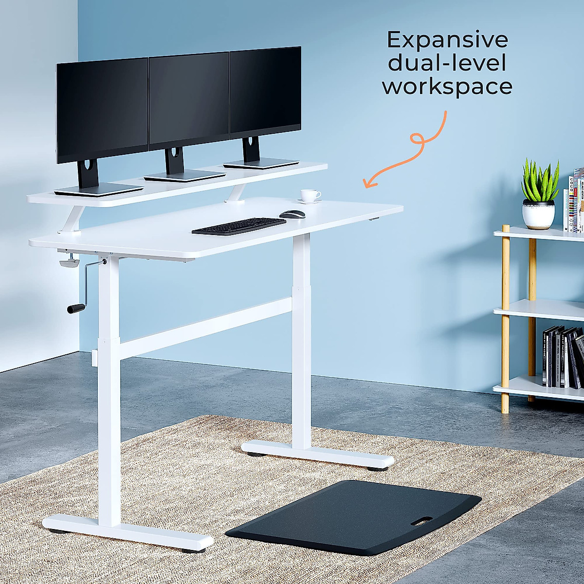 Stand Steady Tranzendesk 55 Inch Standing Desk with Clamp-On Shelf | Crank Height Adjustable Stand Up Workstation with Attachable Monitor Riser | Extra Large Sit Stand Desk Hold 3 Monitors (White)