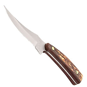 Bear & Son Cutlery 7 1/4" Upswept Skinner Knife, 440 High Carbon Stainless Steel Blade, Stag Delrin Handle, Leather Sheath (753)