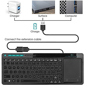 Rii K18 Plus Wireless 3-LED Color Backlit Multimedia Keyboard with Multi-Touch Big Size Trackpad,Rechargable Keyboard for Android TV Box,PC,Smart TV,Xbox,Raspberry Pi, HTPC IPTV,Windows, MacOS (2.4G)