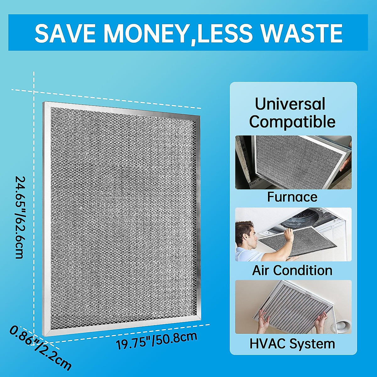 UBeesize 20x25x1 Reusable Electrostatic Air Filter HVAC AC Furnace Filter,MERV 8,Washable, Lasts a Lifetime,Permanent Air Filter,Breathe Fresher,Home And Office(Actual Size:19.75x24.65x0.86 Inch)
