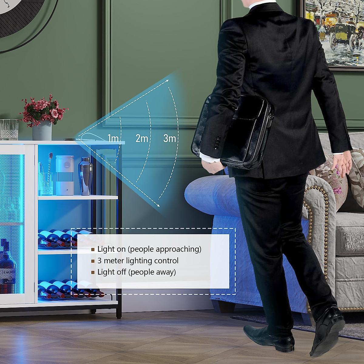 LVSOMT LED Farmhouse Coffee Bar Cabinet, Wine Cabinets with Removable Wine Rack, Buffet Cabinet with Motion Sensor for Kitchen, Dining Room (Pure White-43.3''L)