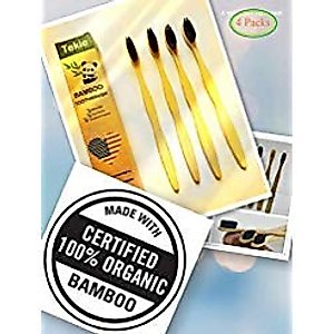 tekie 4 Environmental Bamboo Toothbrushes 100% Natural Organic Biodegradable and Vegan cost-effective Soft Free Nylon Bristles Fibre Wooden Handle